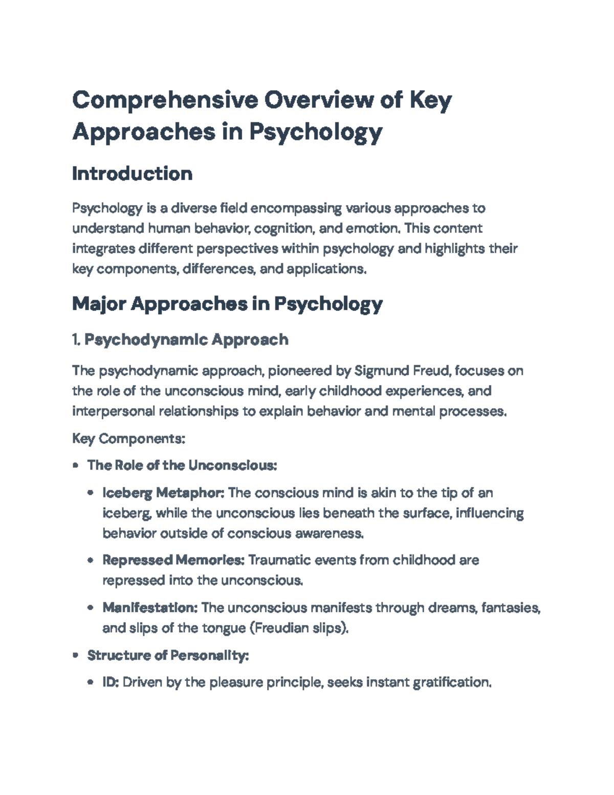 Comprehensive Overview of Key Psychological Approaches (PSY 101 ...