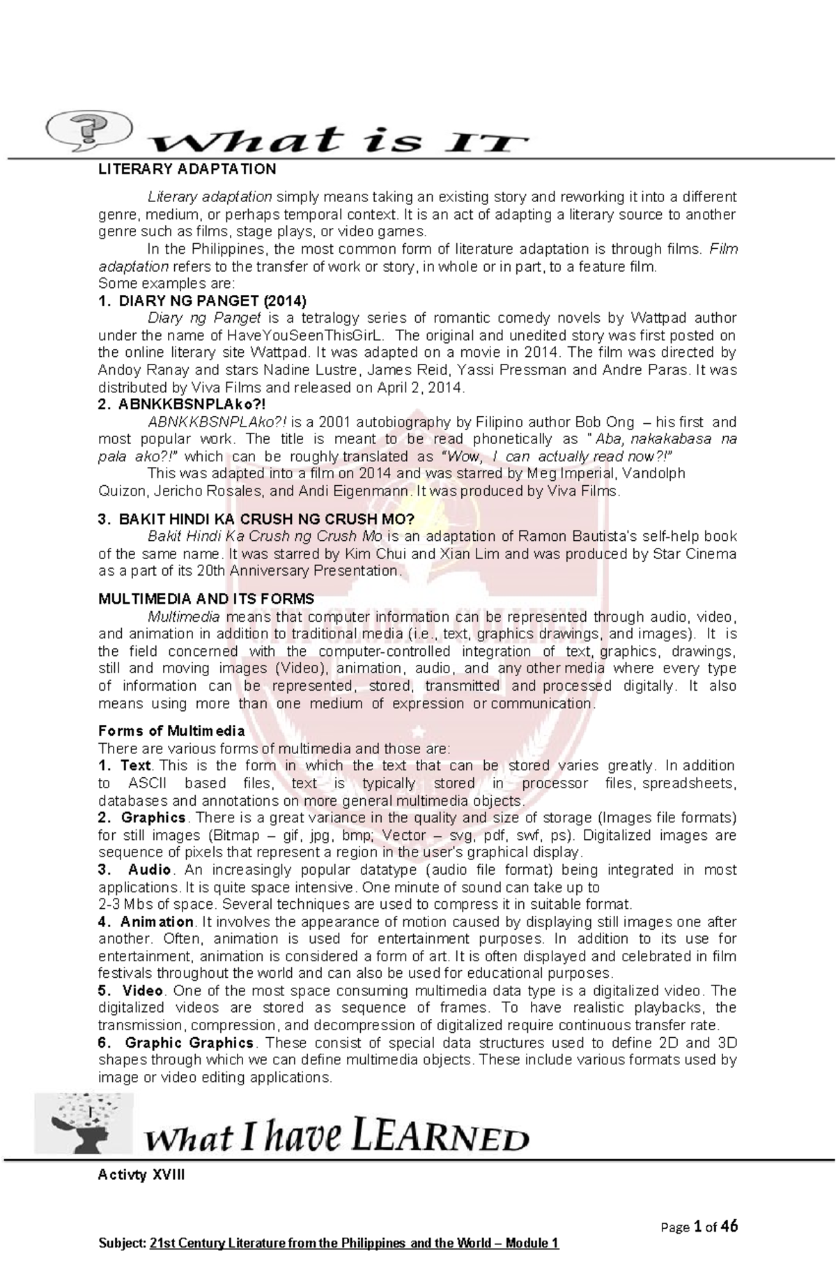 21st Century Literature: Module 5 - Literary Adaptation and Multimedia ...