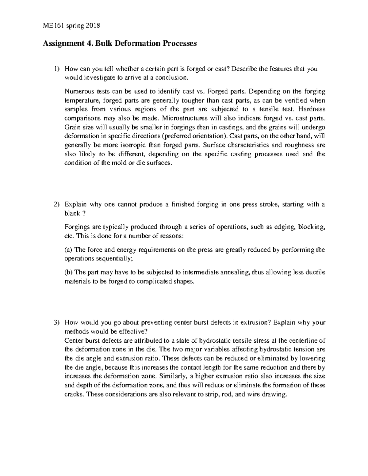 Solution 4 2017 ME161 Assignment 4 Sol - Assignment 4. Bulk Deformation Processes How can you ...