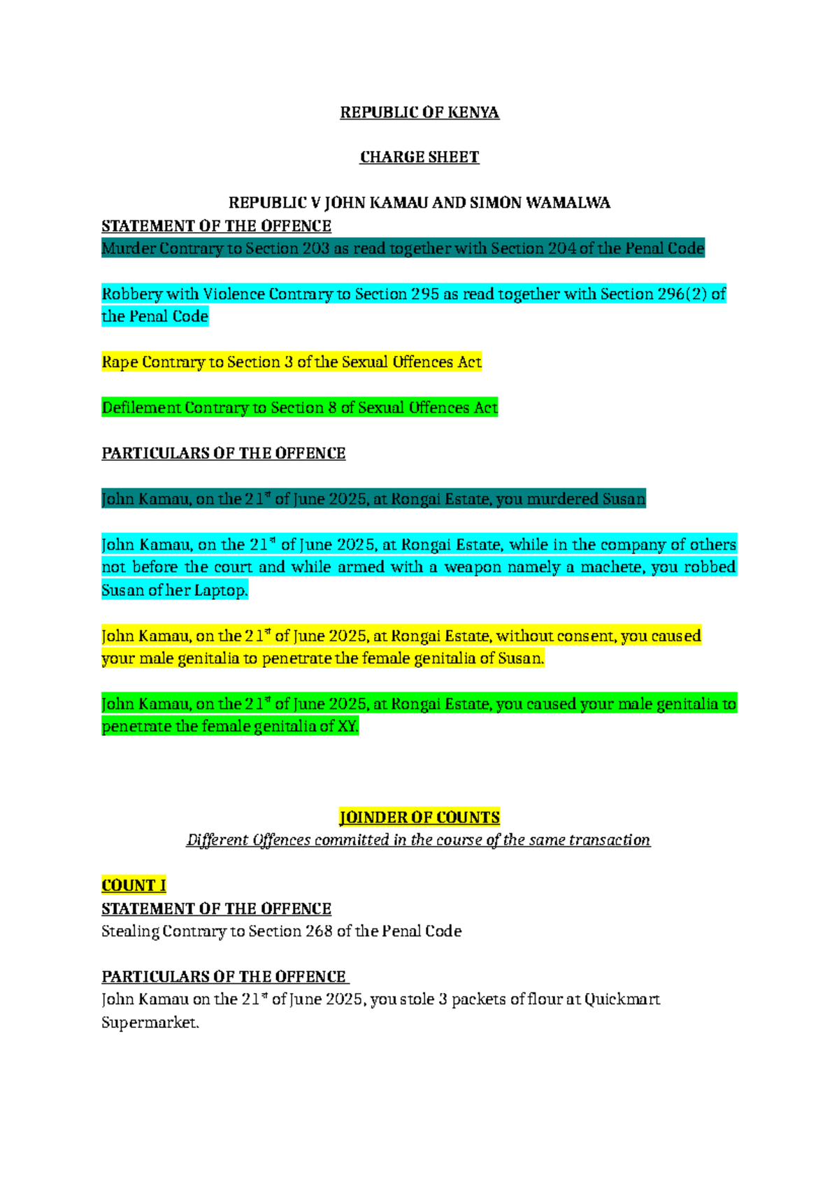 REPUBLIC OF KENYA CHARGE SHEET: MURDER & ROBBERY CASE ANALYSIS - Studocu