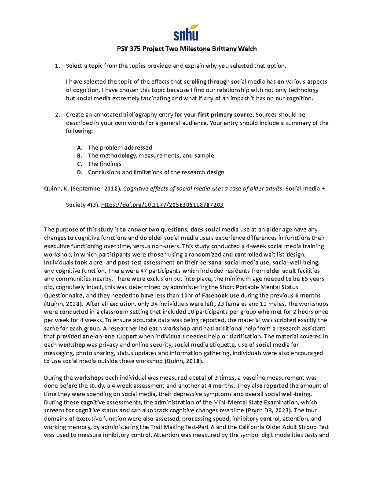 PSY 375 Project Two Milestone: Social Media and Cognitive Impact ...