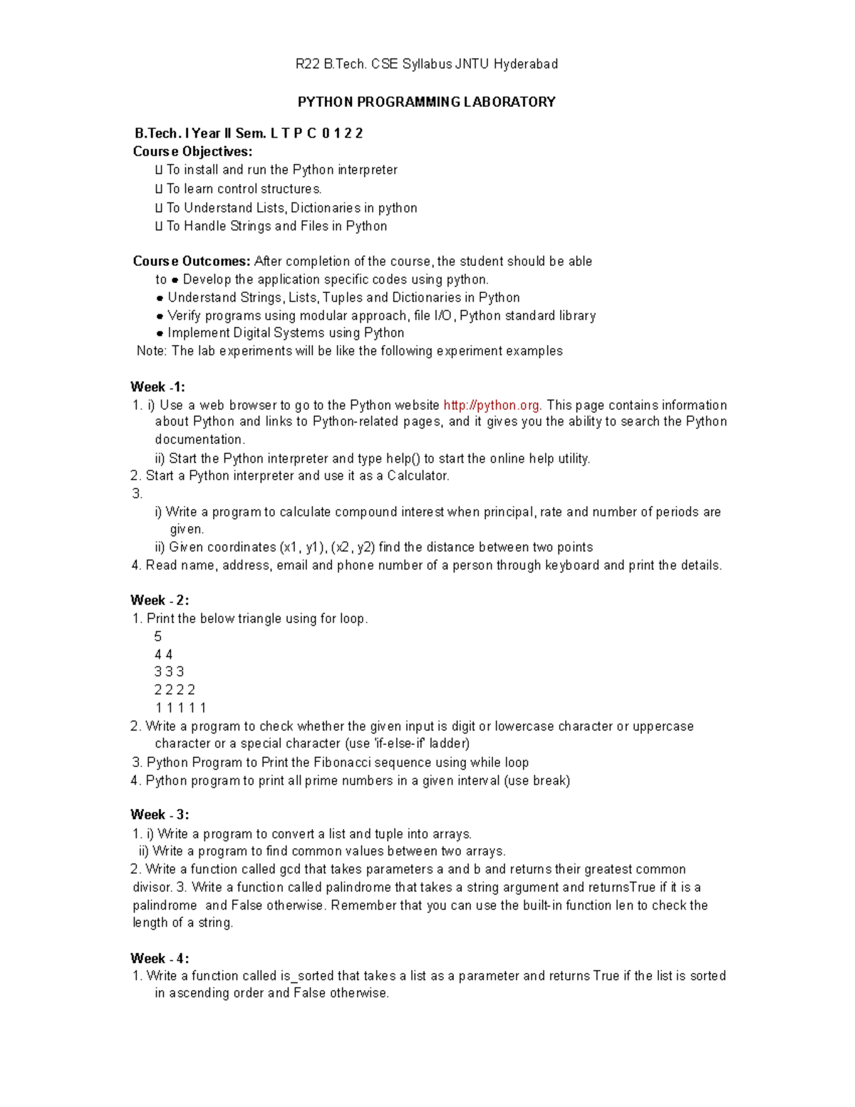 Python Programming Laboratory Syllabus - R22 B. CSE JNTU Hyderabad - Studocu