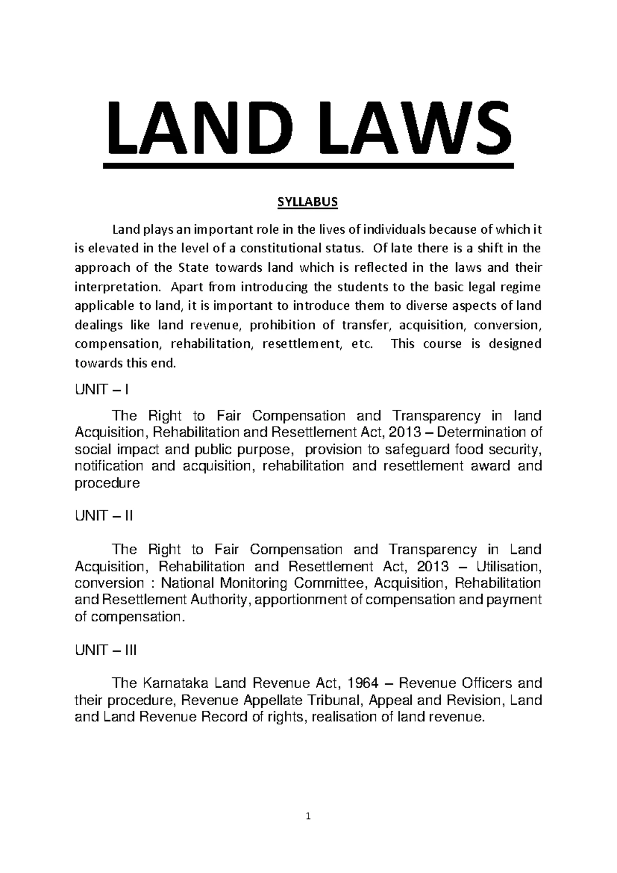 Land Law KSLU - Comprehensive Notes on Acquisition & Reforms - Studocu