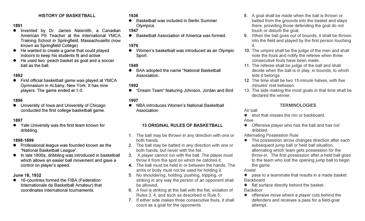Basketball - HISTORY OF BASKETBALL 1891 Invented by Dr. James Naismith ...