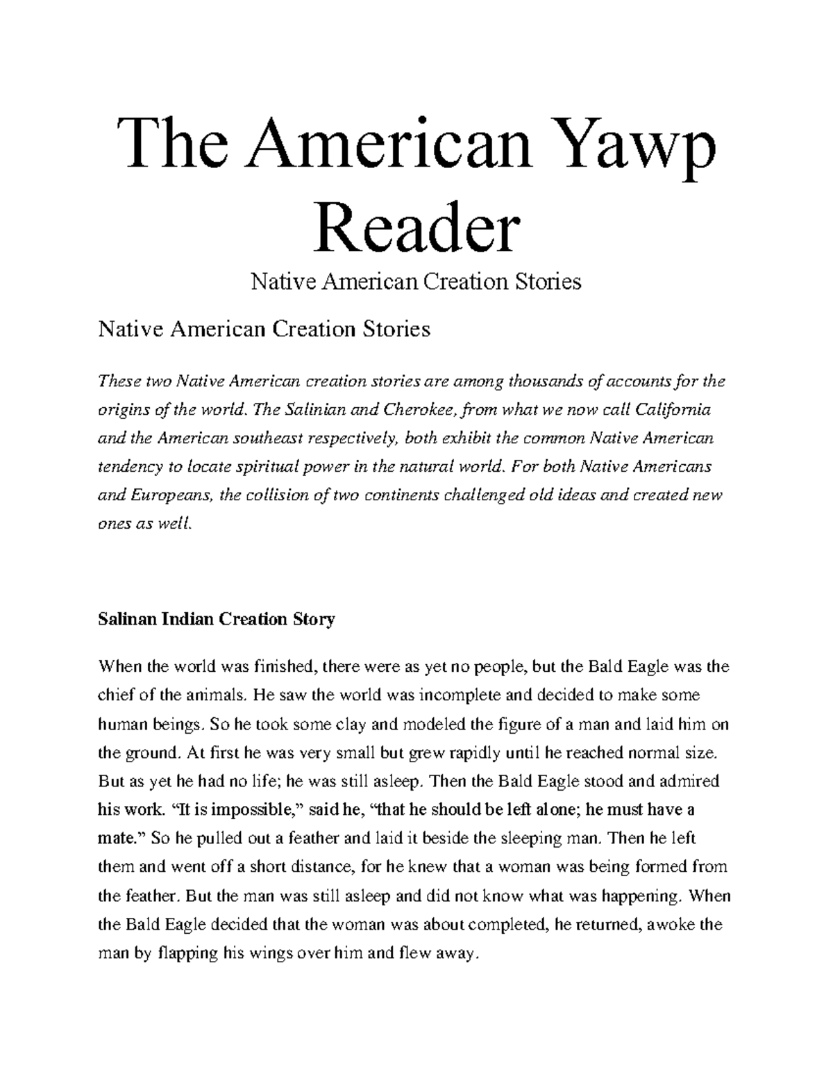 Native American Creation Myths: Insights from Salinan & Cherokee - Studocu