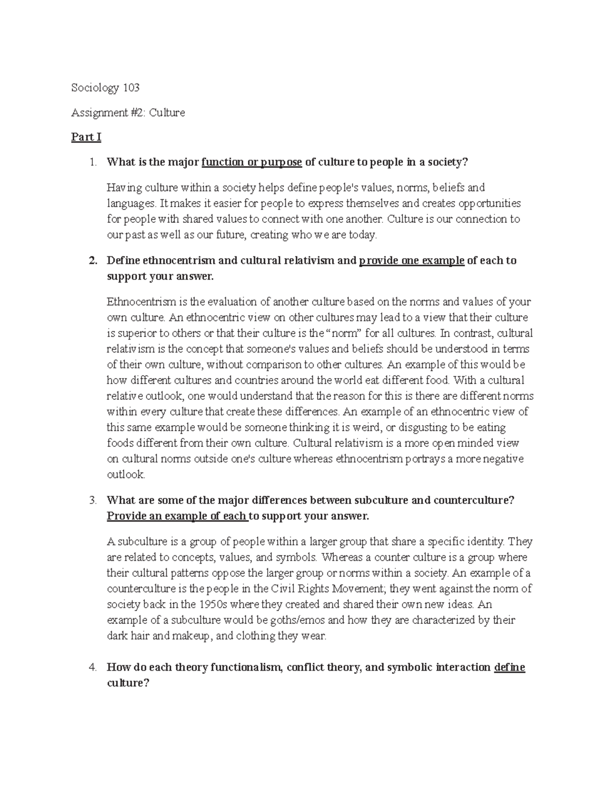 Culture Assignment #2: SOC 103 Insights and Analysis - Studocu