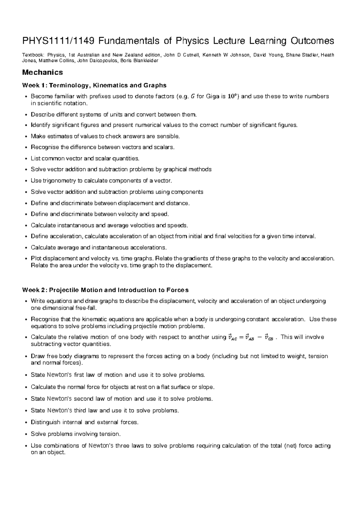 Fundamentals of Physics (PHYS101) Lecture Learning Outcomes - Studocu