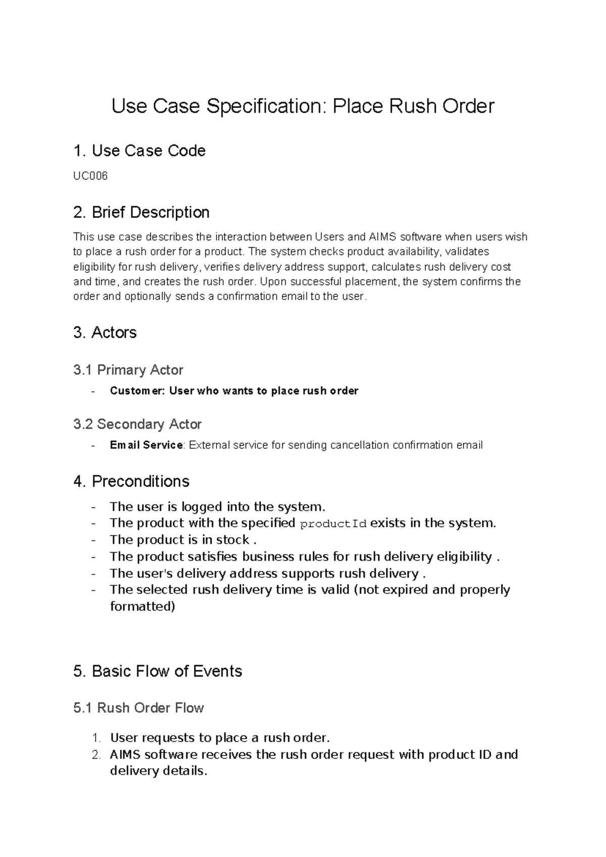 Use Case Spec: Cancel Order UC006 - AIMS System Interaction - Studocu
