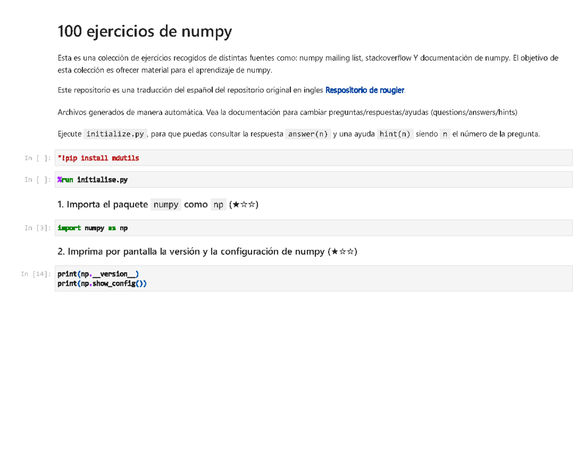 Ejercicios Prácticos con NumPy: 100 Ejercicios para Aprender (NP-100) - Studocu