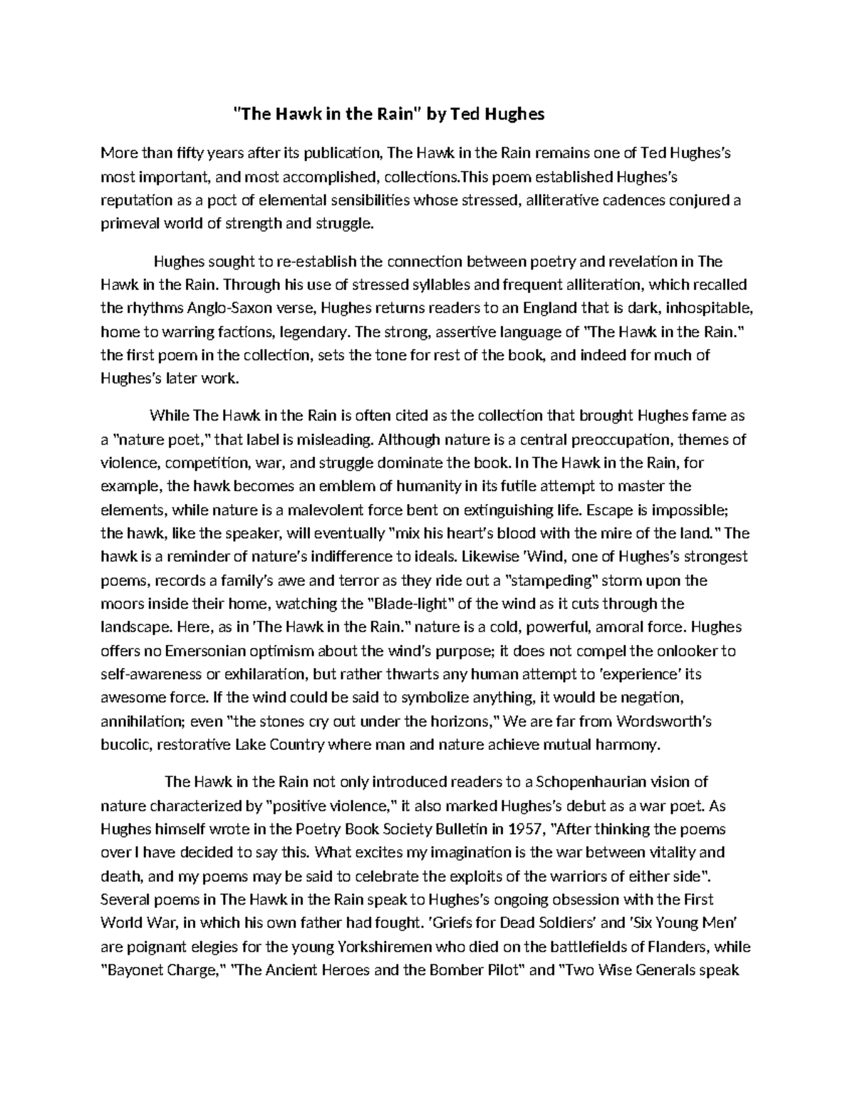 The Hawk in the Rain: A Critical Analysis of Ted Hughes' Poem - Studocu