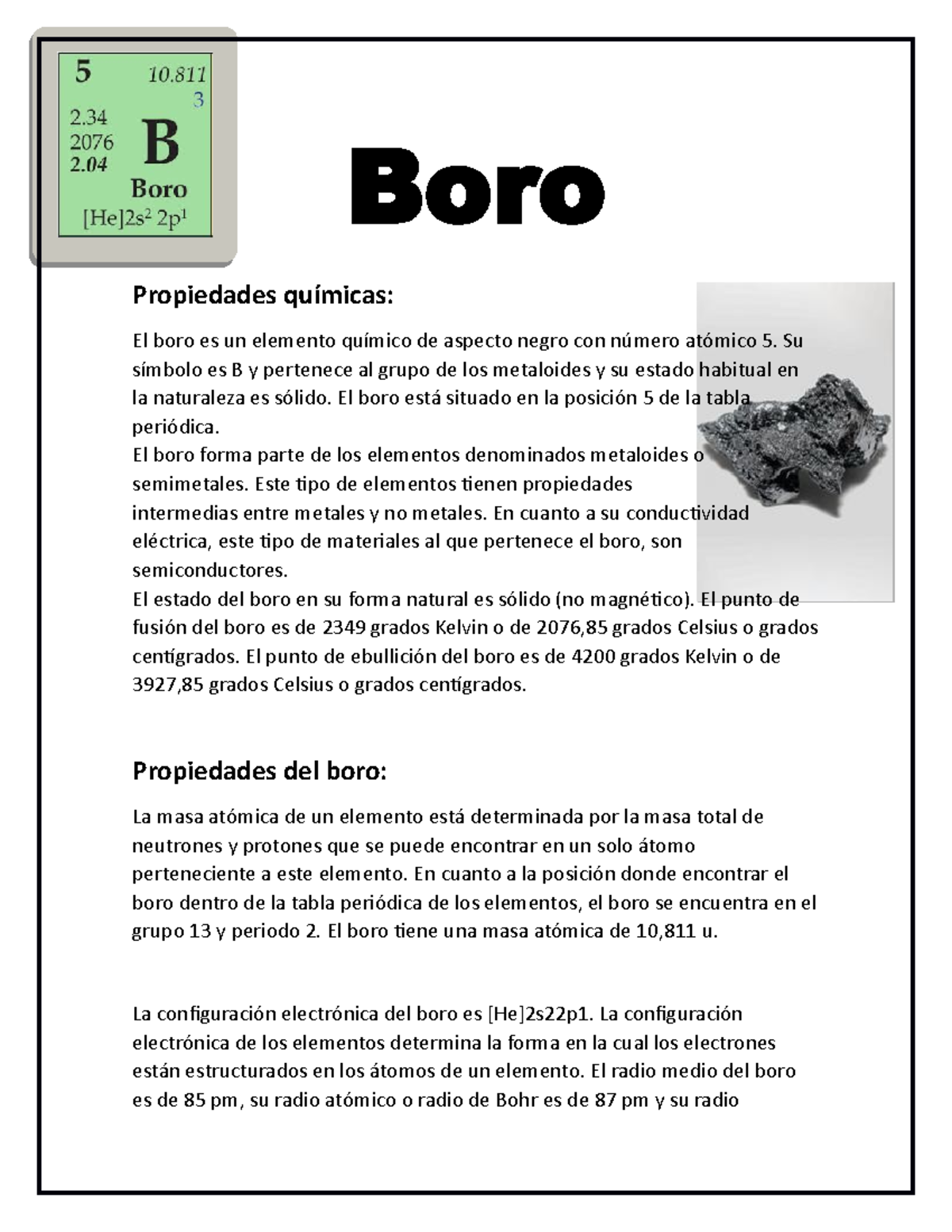 Boro - ... - Boro Propiedades químicas: El boro es un elemento químico ...