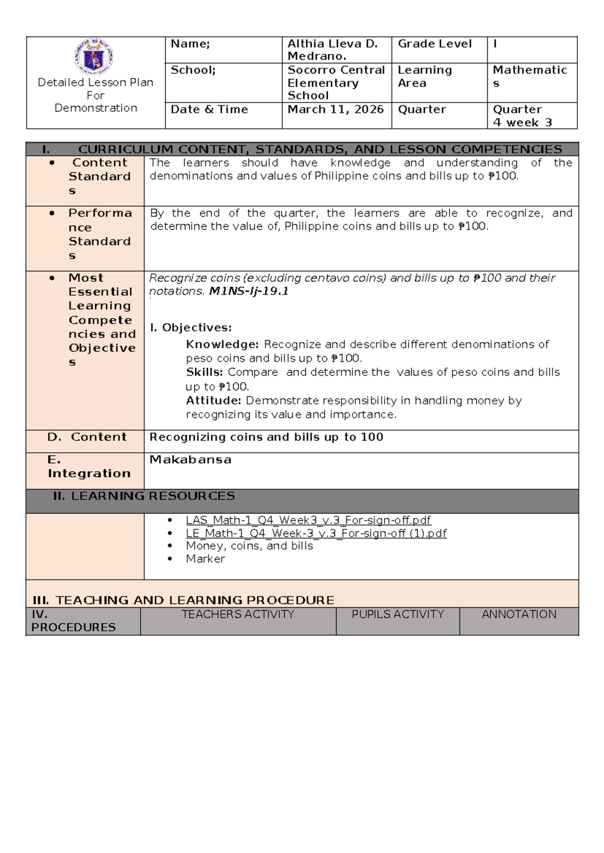 Detailed Lesson Plan for Grade 1: Recognizing Philippine Coins & Bills ...