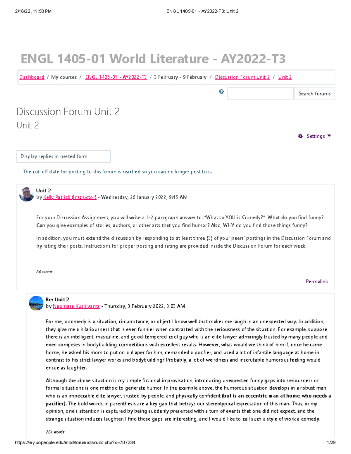 ENGL 1405-01 Discussion Forum Unit 2: Understanding Comedy and Humor ...