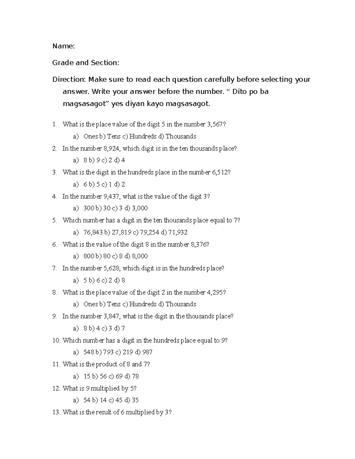Grade 4 Math Exam: Place Value & Basic Operations - Studocu