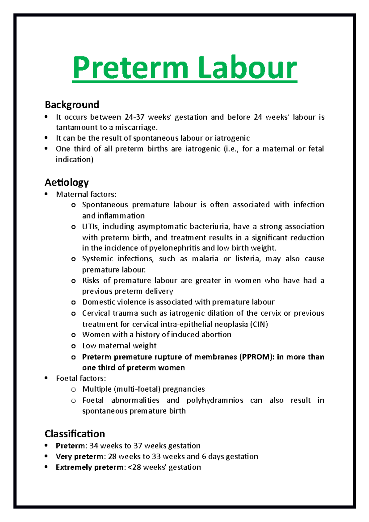Preterm Labour - Obstetrics - Preterm Labour Background It occurs ...