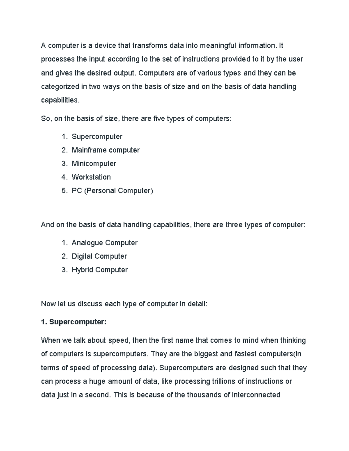 Different Types of Computers: Overview and Characteristics - Studocu