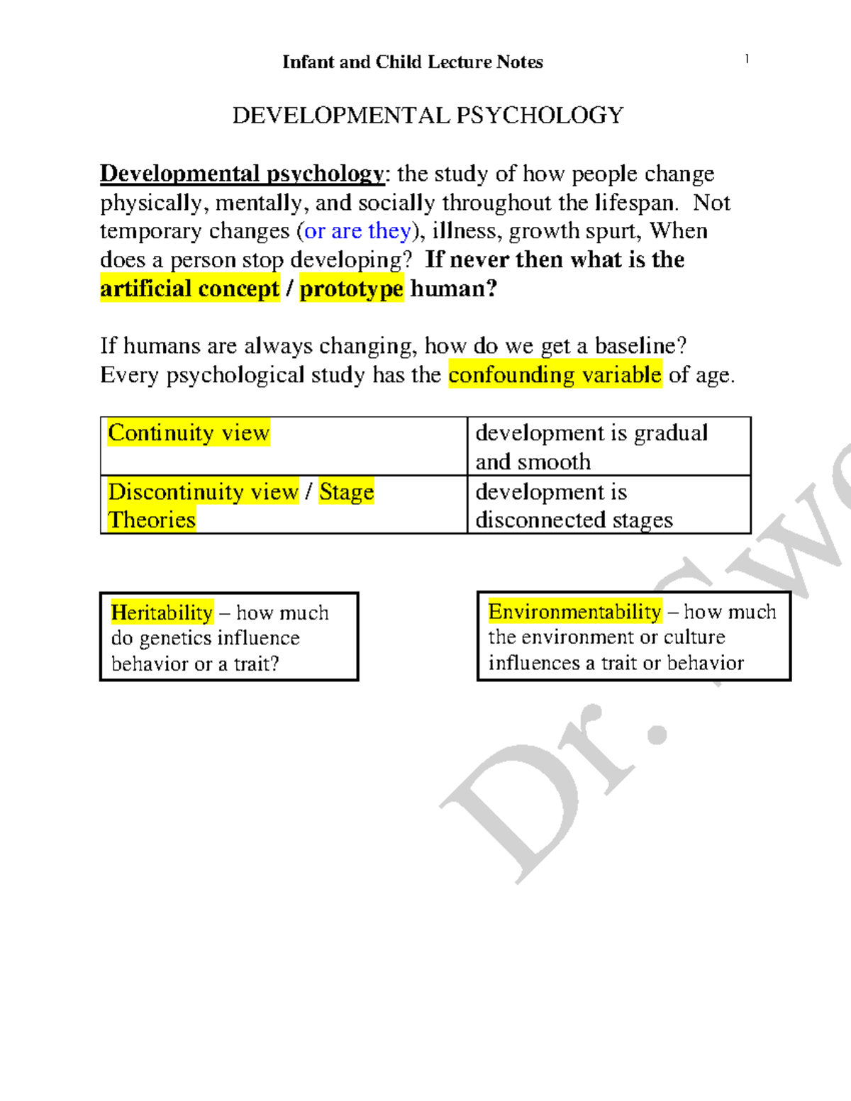 9 developmental lecture notes - DEVELOPMENTAL PSYCHOLOGY Developmental ...