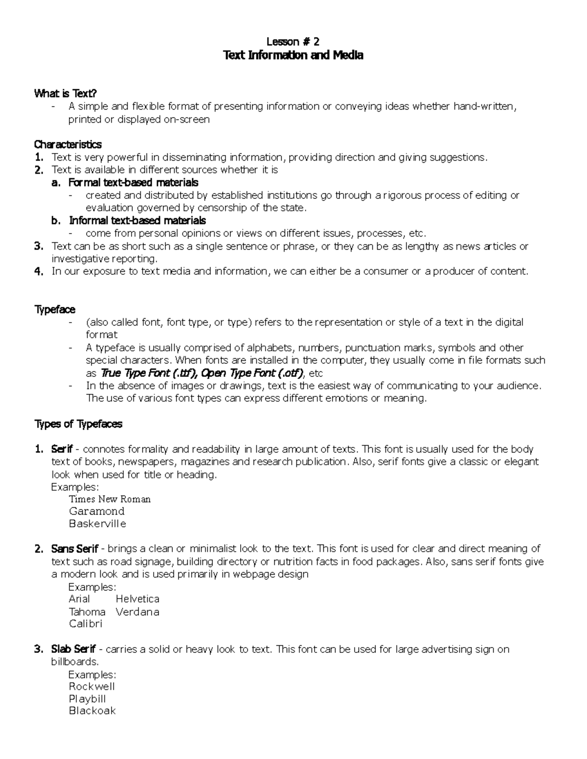 Lesson 2: Exploring Text Media, Typeface, and Design Principles - Studocu