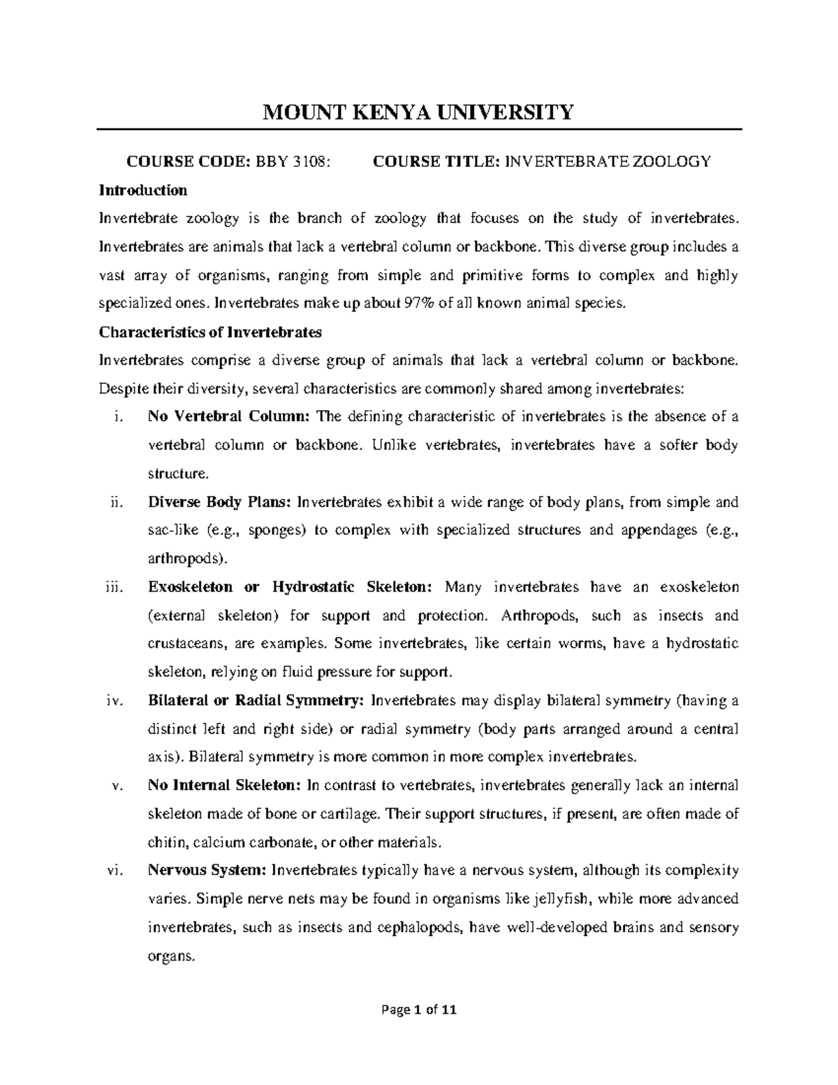 BBY 3108 Invertebrate Zoology Lecture 1: Characteristics & Symmetry ...