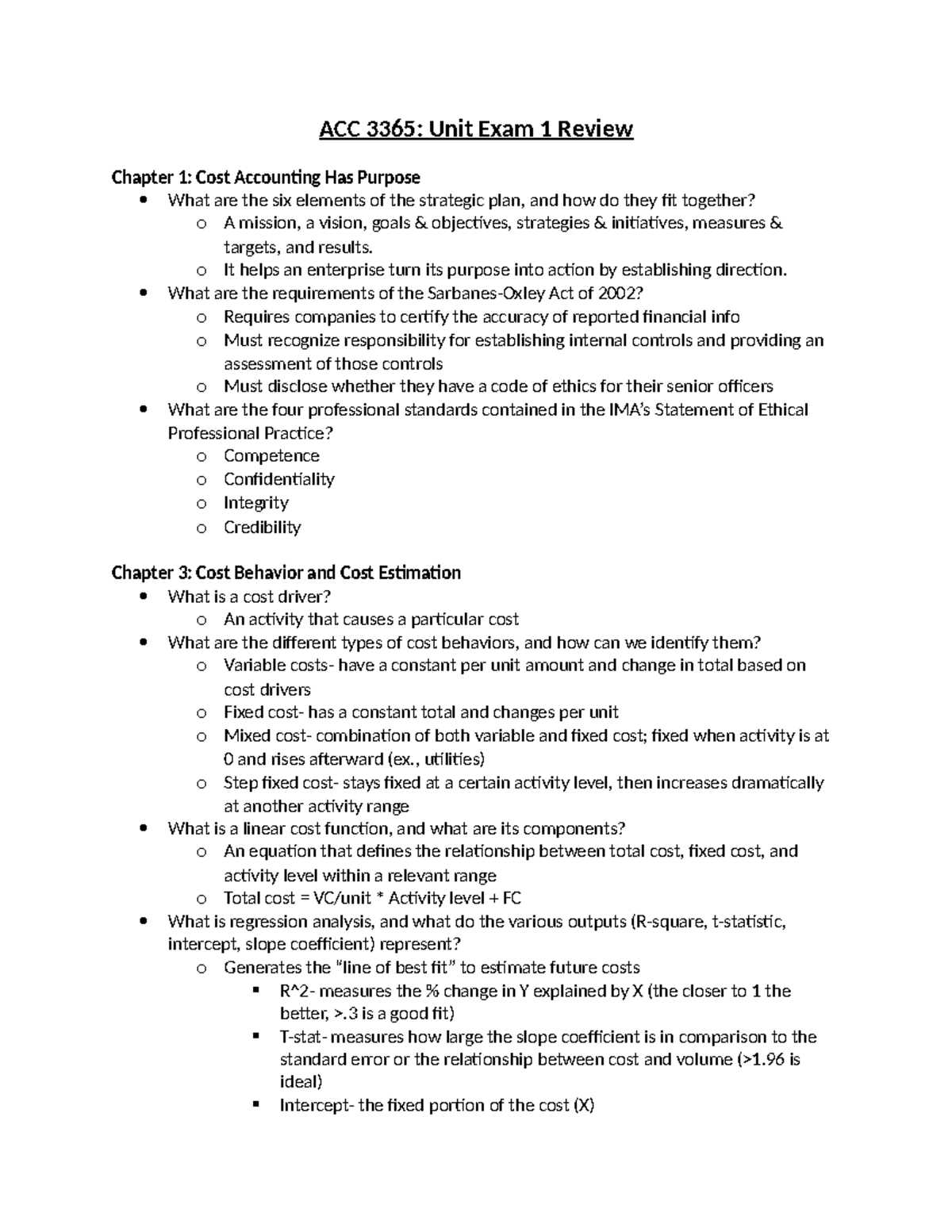 ACC 3365: Unit Exam 1 Review - Cost Accounting & Budgeting Concepts - Studocu