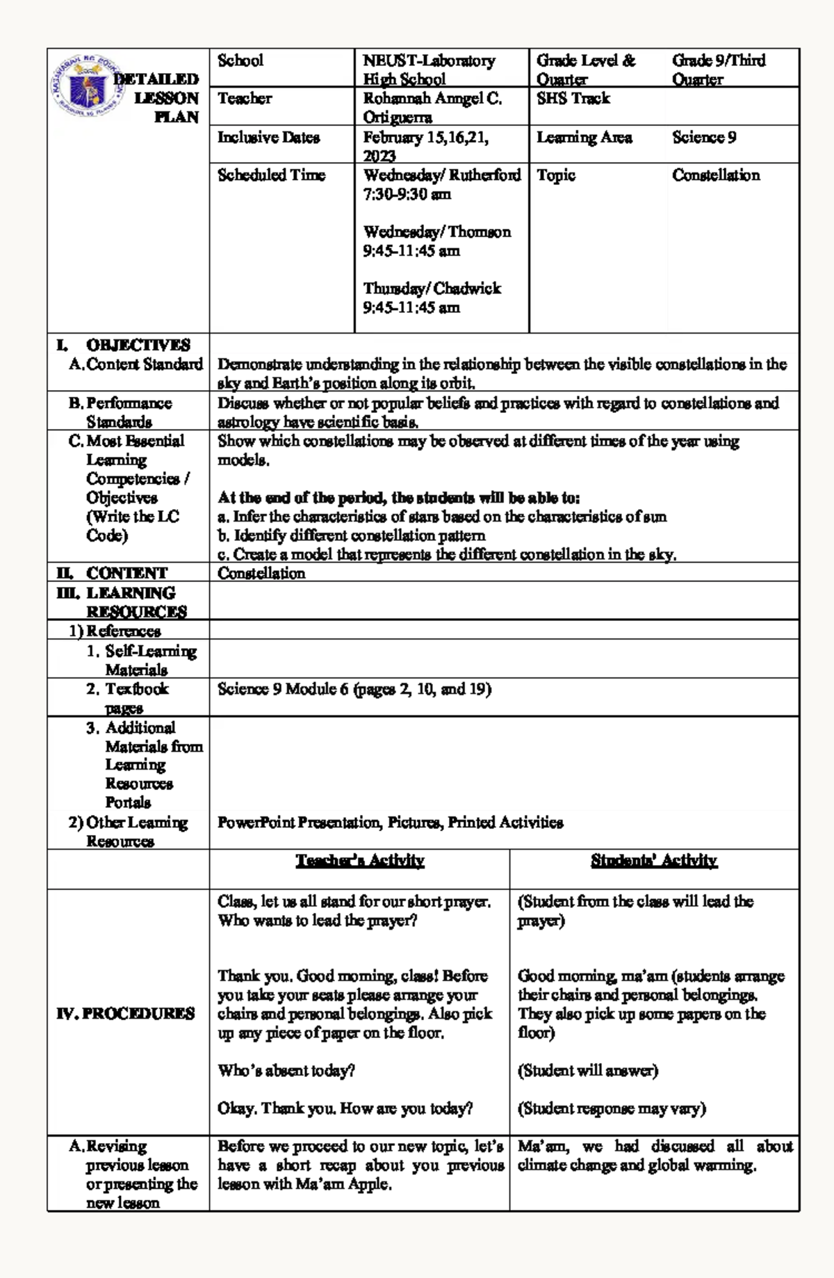 712109305 - Detailed Lesson Plan on Constellations for Science 9 - Studocu