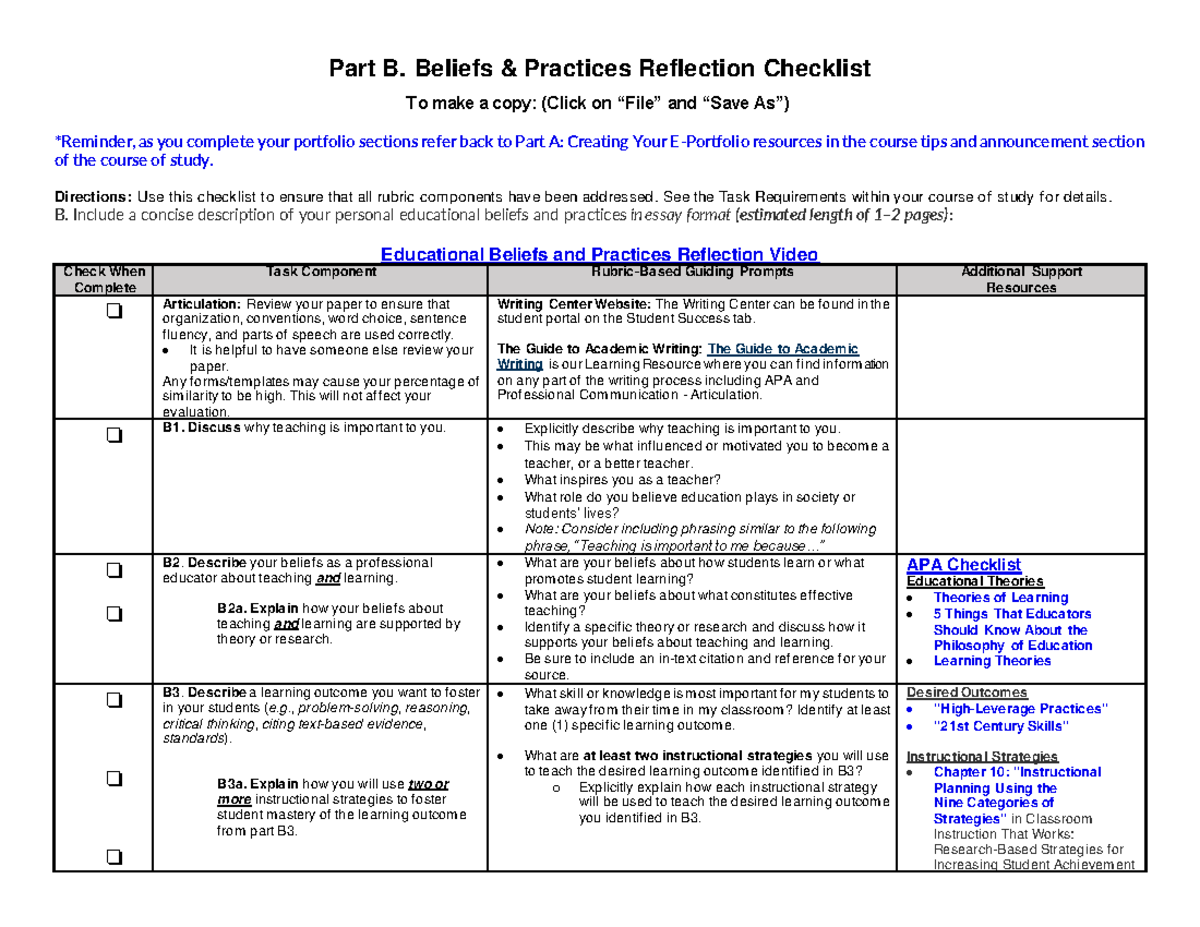 Part B Beliefs & Practices Reflection Checklist - Part B. Beliefs ...