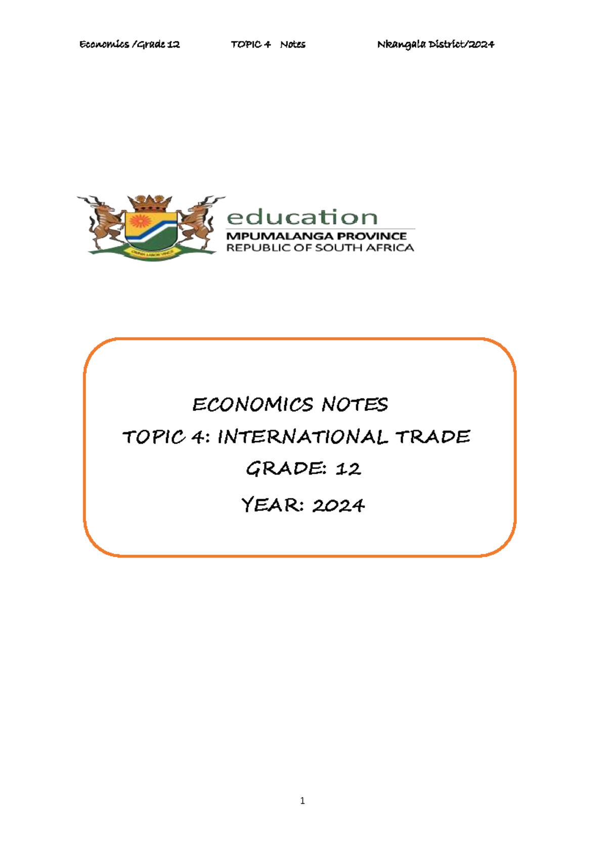 Topic 4: International Trade Notes - Grade 12 - 2024 - Studocu