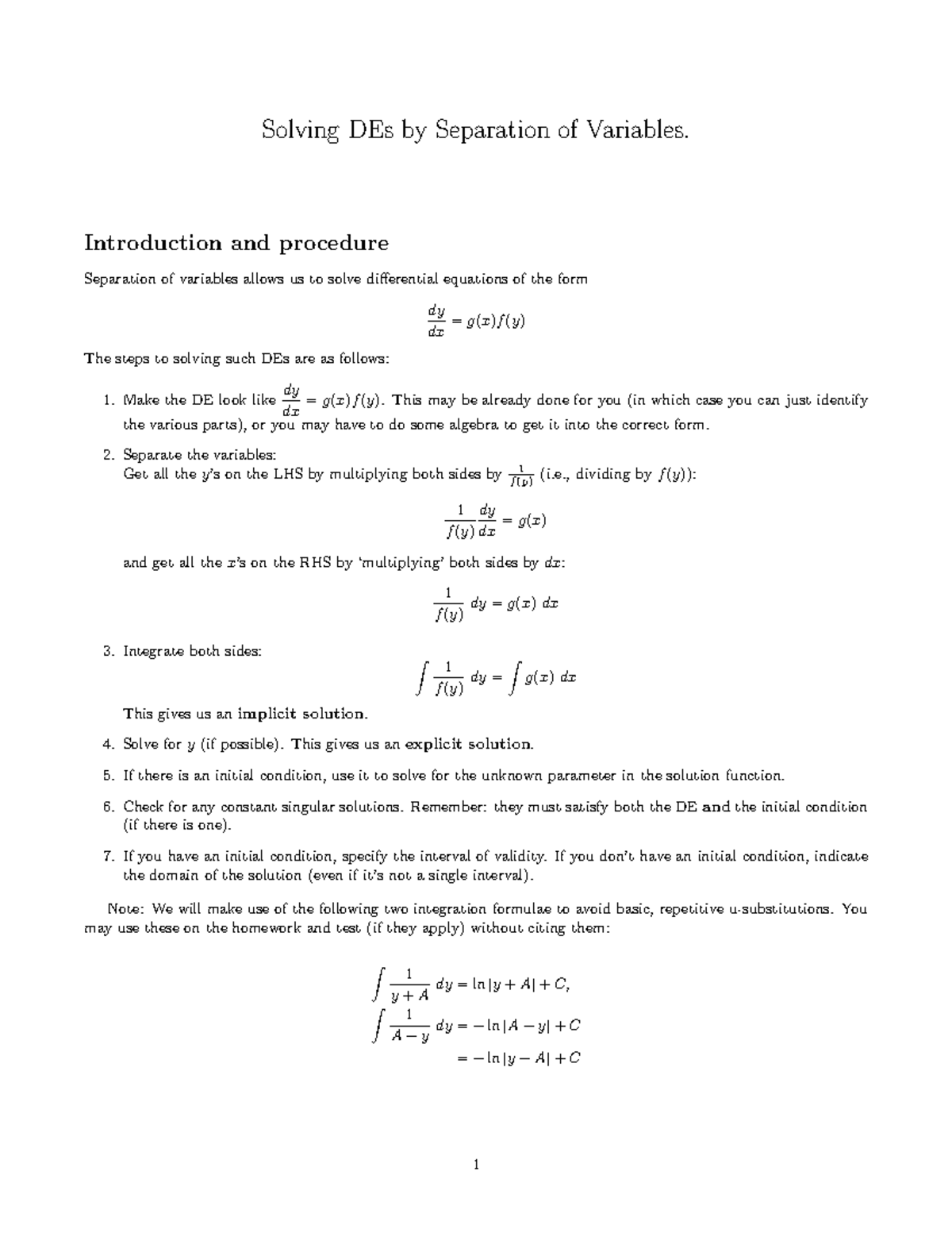 Sep of var examples - Solving DEs by Separation of Variables ...