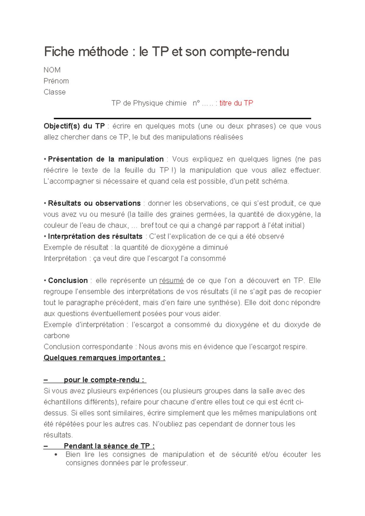 Fiche Méthode : Compte Rendu TP de Physique-Chimie - Studocu