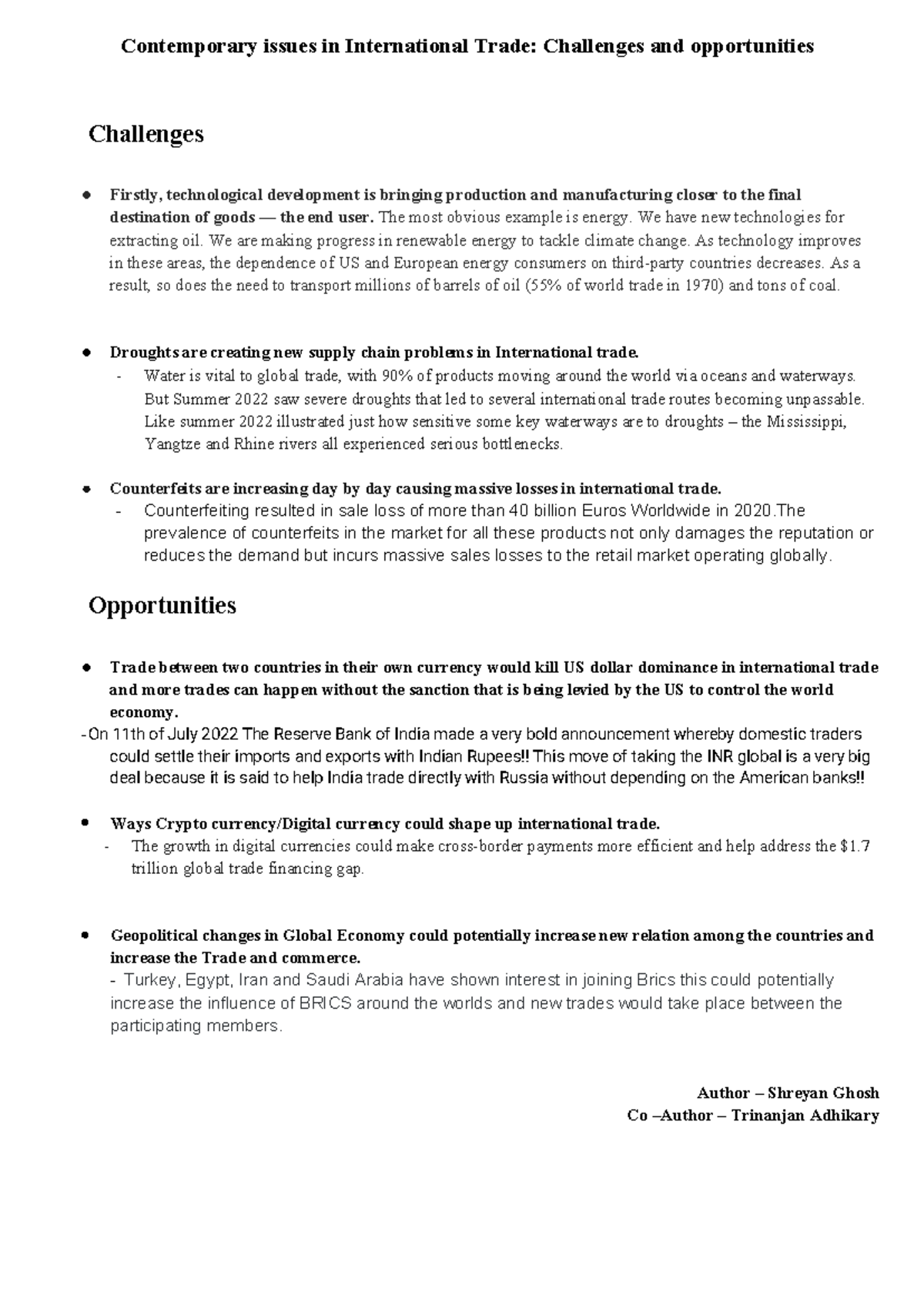 INTL TRADE ISSUES: Challenges & Opportunities (Final Exam) - Studocu