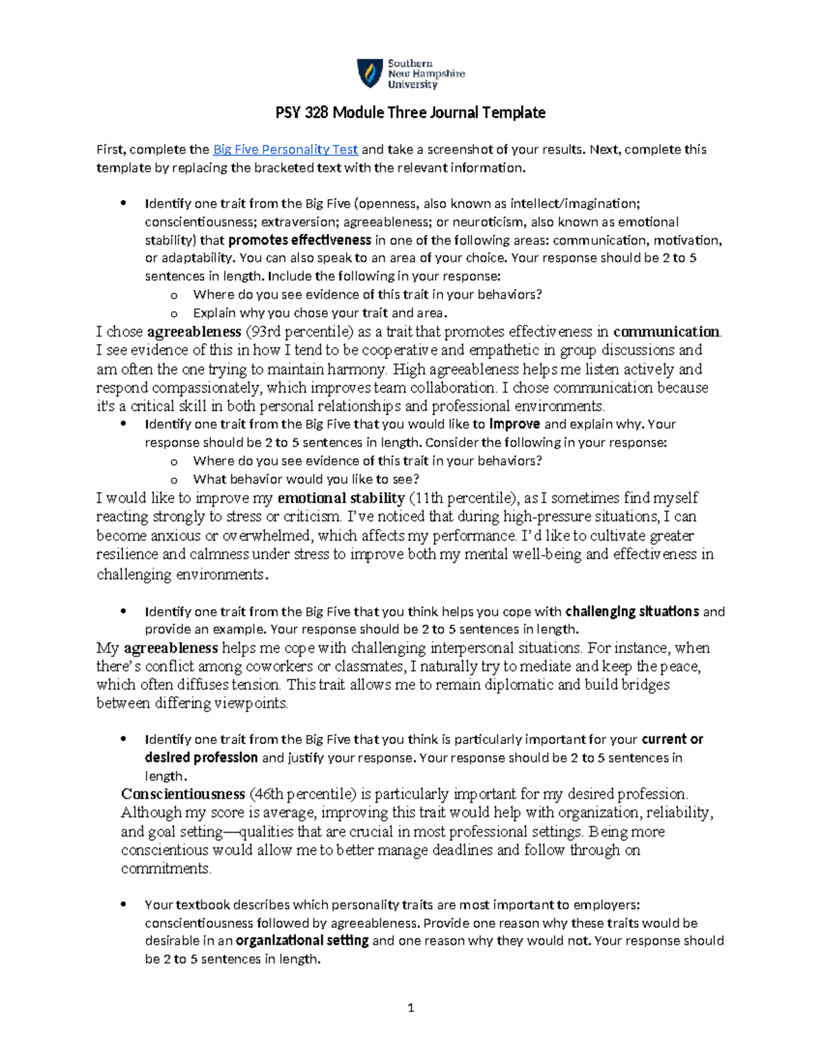 PSY 328 Big Five Personality Test Reflection Journal - Studocu
