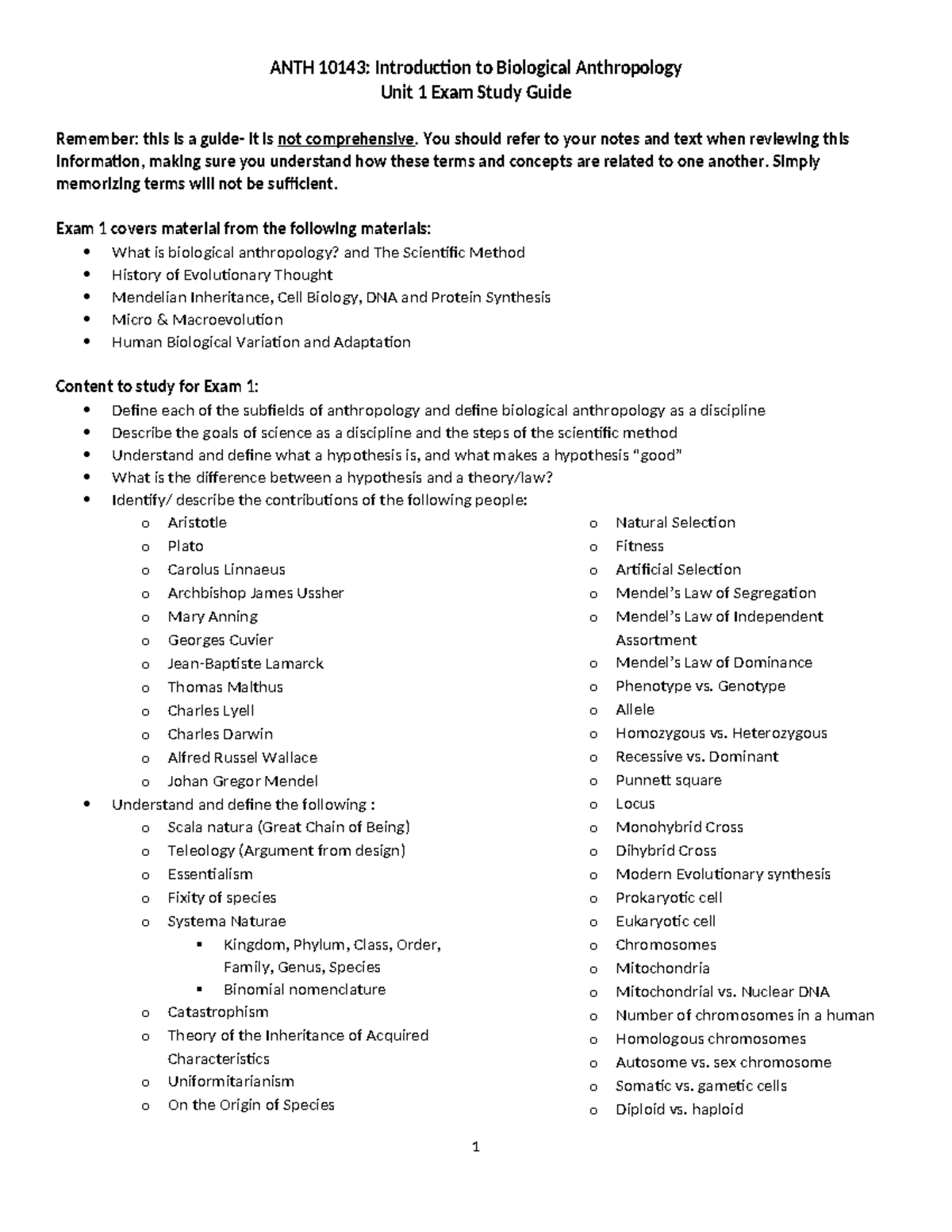 ANTH 10143: Unit 1 Exam Study Guide for Biological Anthropology - Studocu