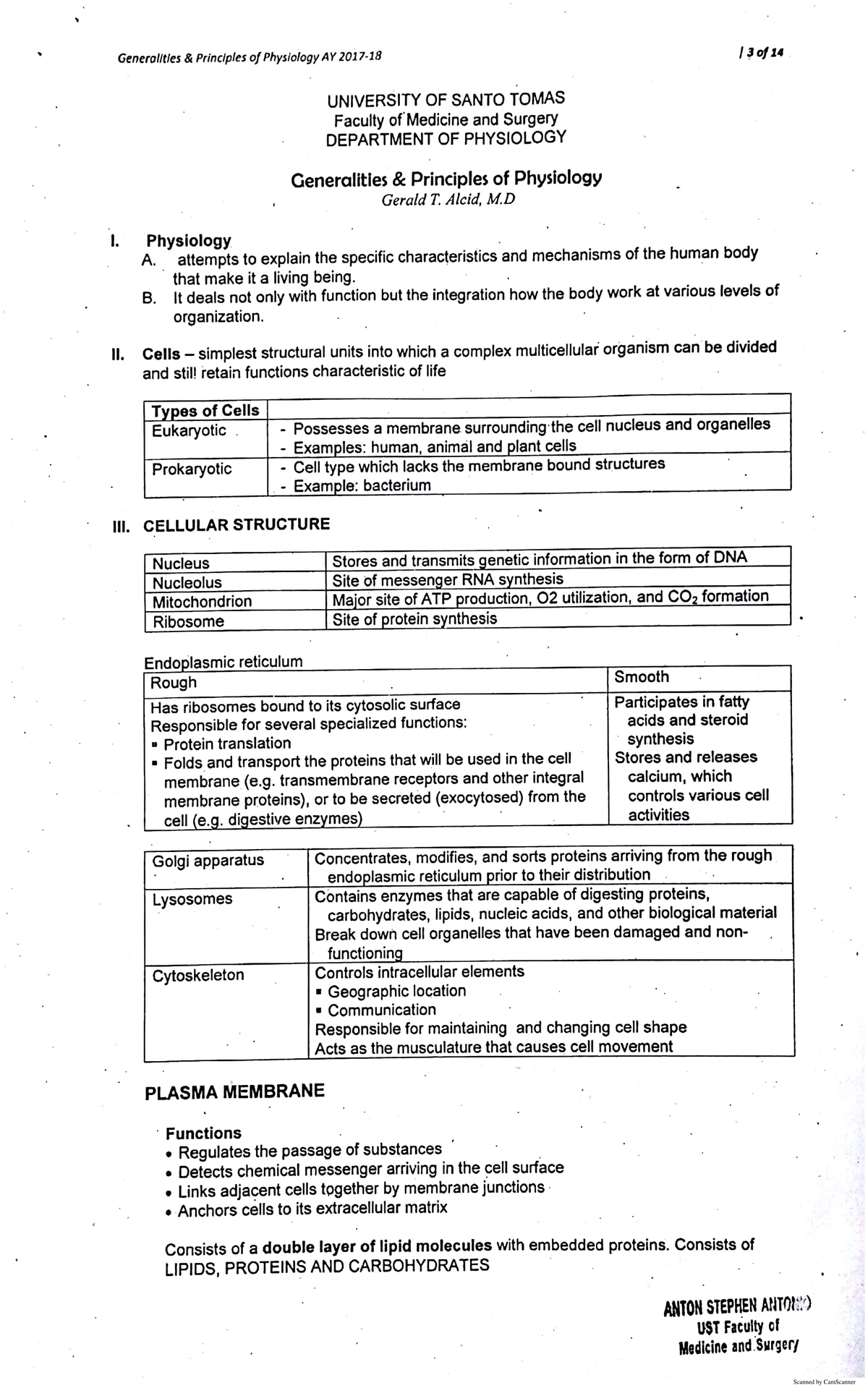 Generalities and Principles of Physiology AY 14 - UST - Studocu