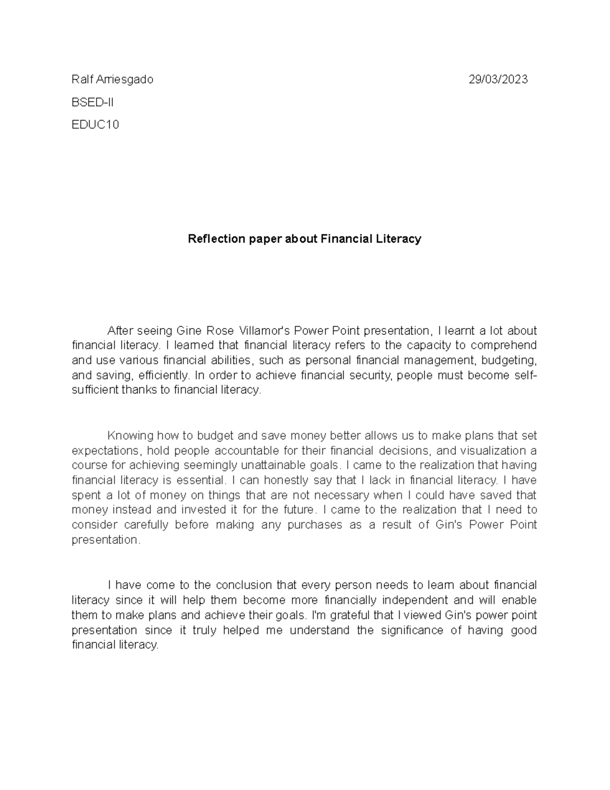 EDUC10 - Reflection Paper on Importance of Financial Literacy - Studocu