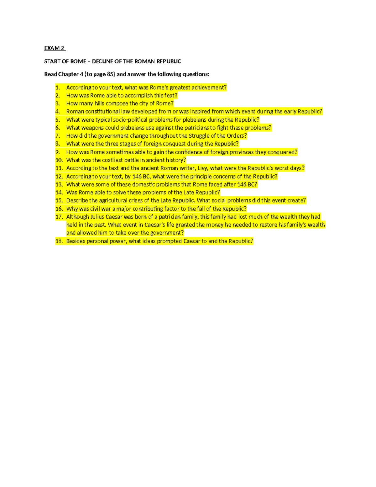 Exam 2: Decline of the Roman Republic Overview and Key Questions - Studocu