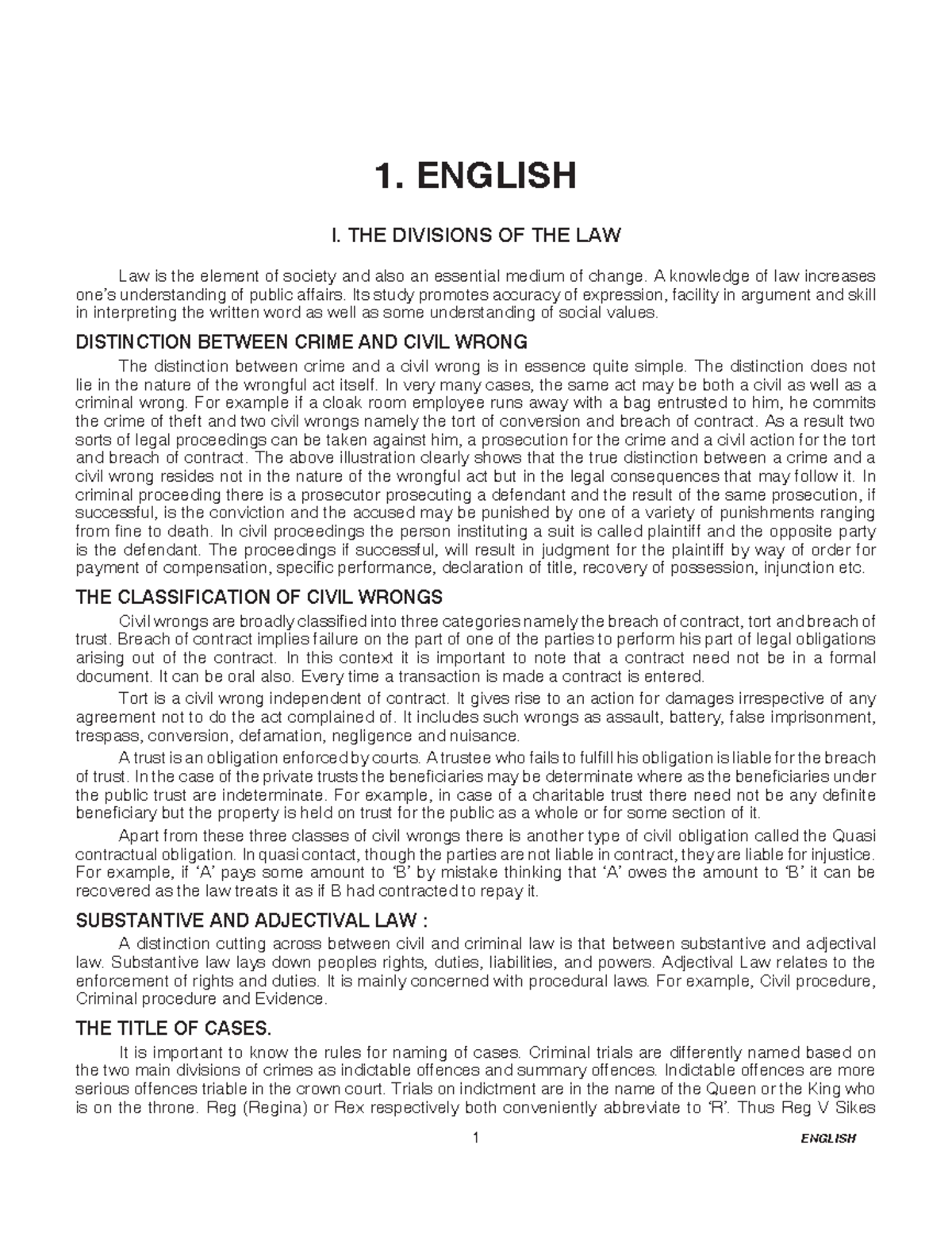 English Teachng Material - 1. ENGLISH I. THE DIVISIONS OF THE LAW Law ...