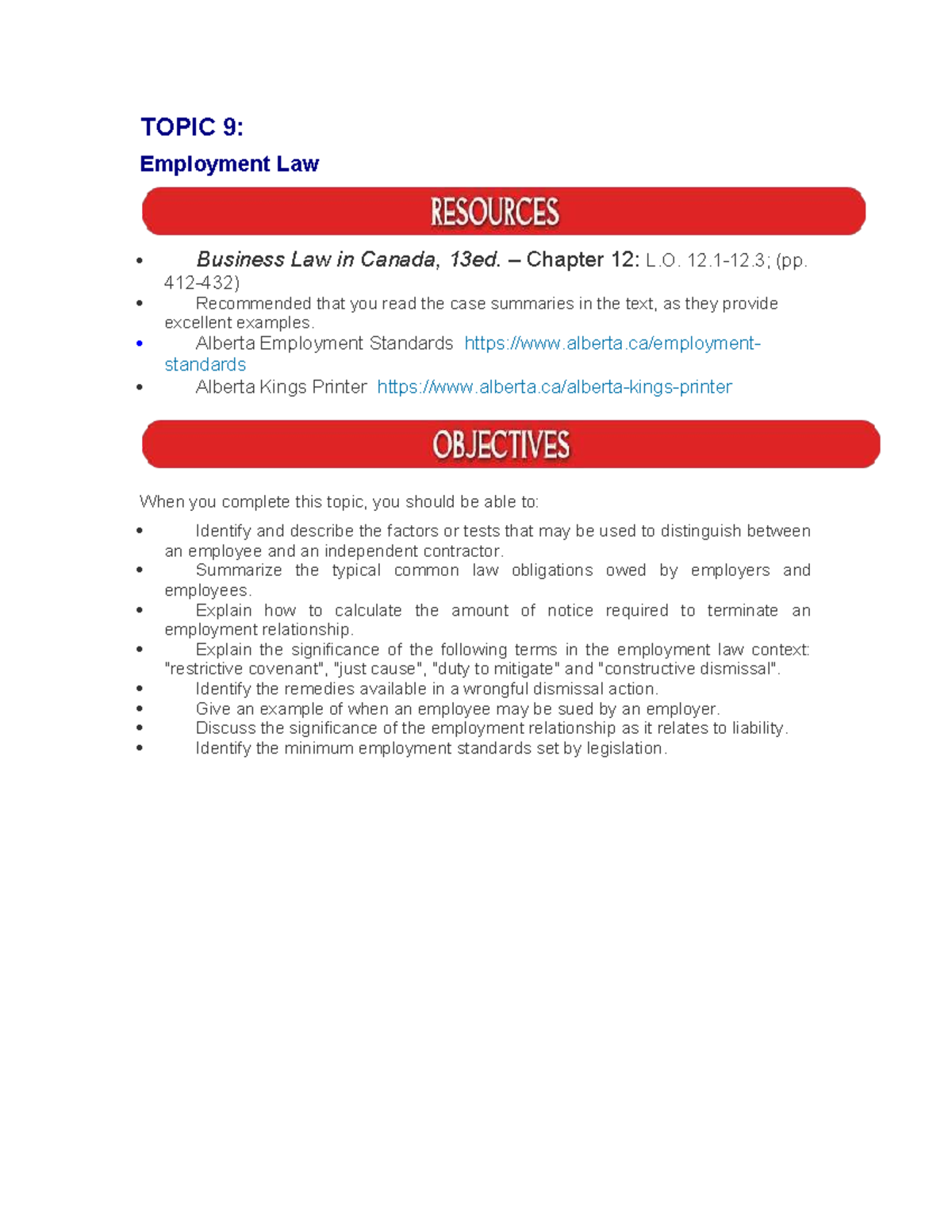 Employment Law in Canada: Topic 9 Resources (Chapter 12) - Studocu