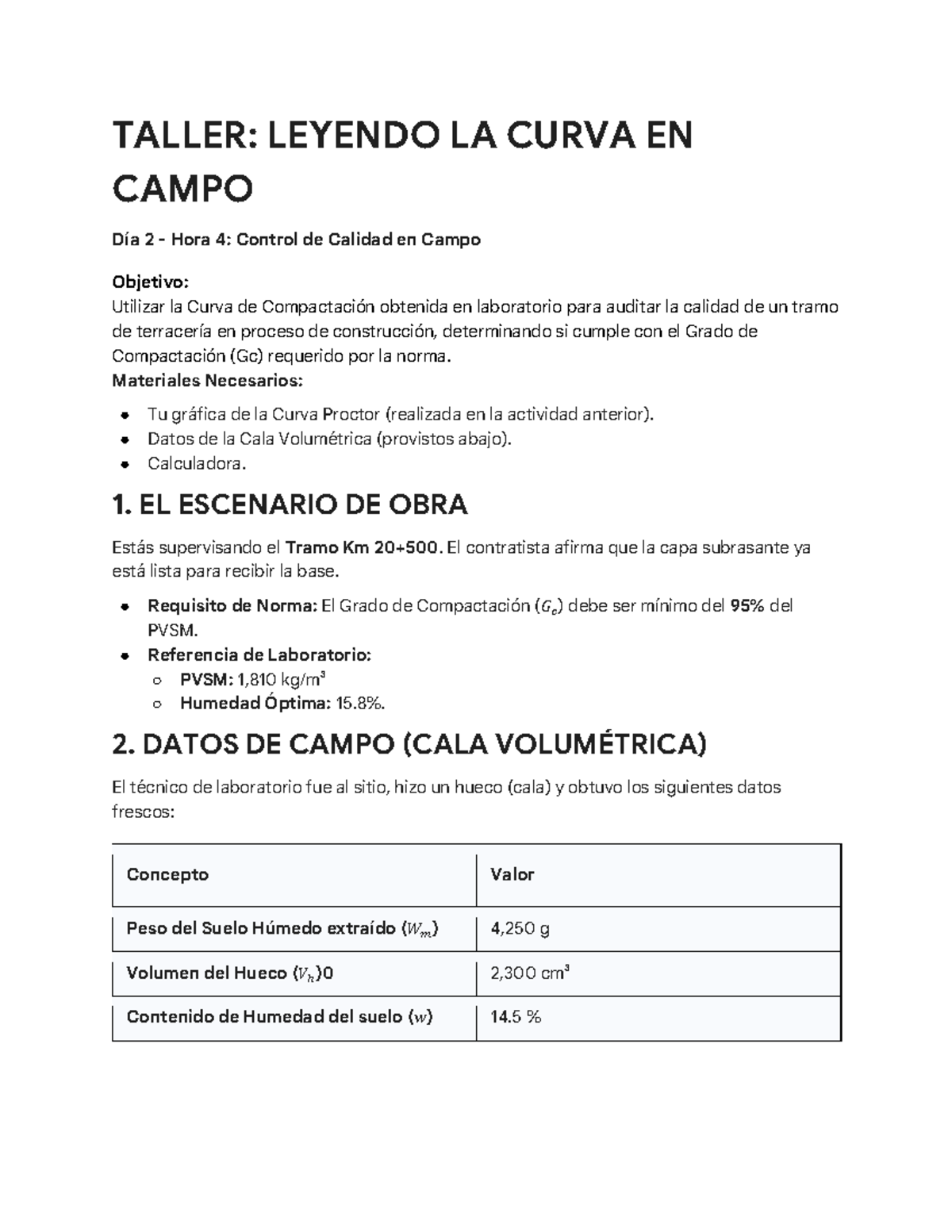 TALLER: Control de Calidad en Campo - Actividad 4 de Compactación - Studocu