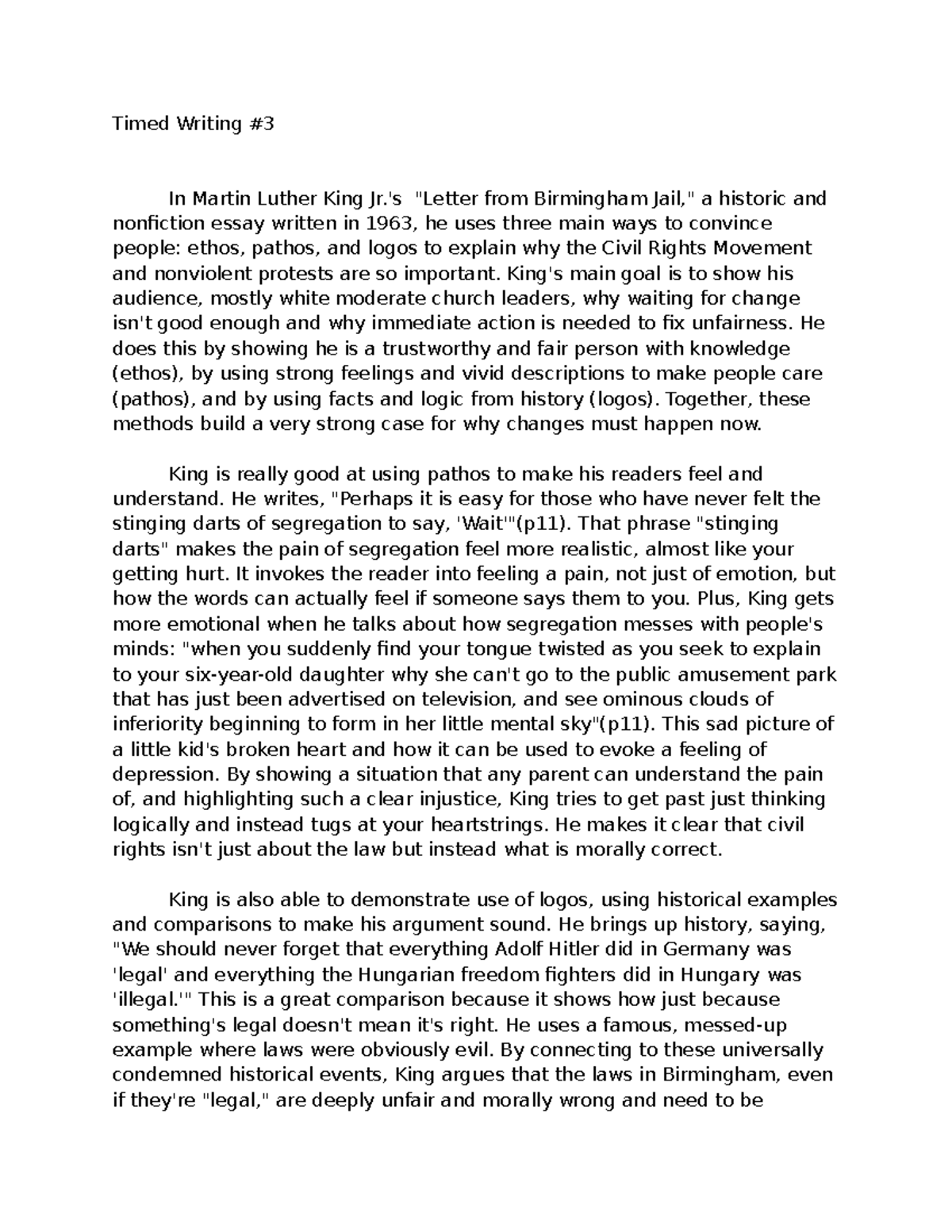Timed Essay Notes: MLK's Rhetorical Strategies in "Birmingham Jail" (AP ...