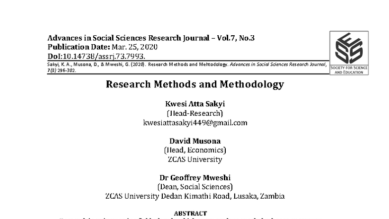 Research Methods and Methodology in Social Sciences (ASSRJ 7(3)) - Studocu