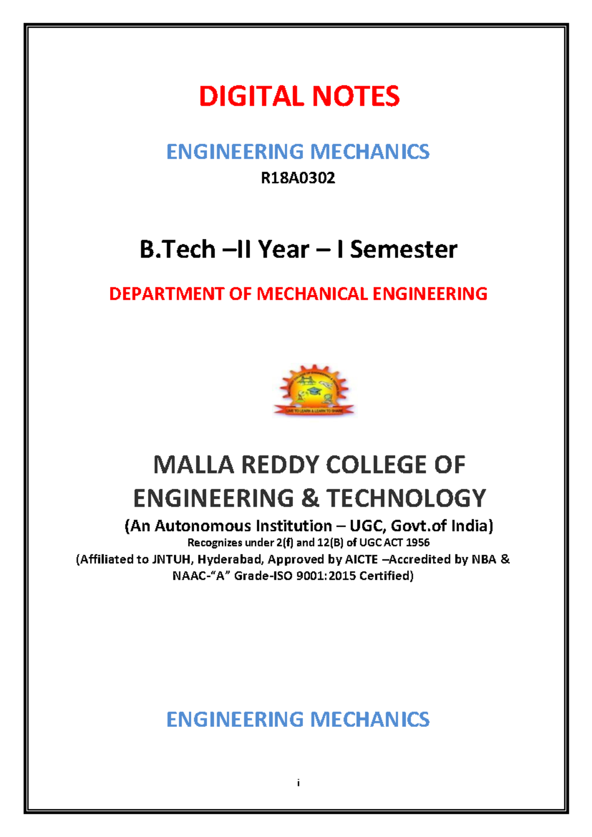 Engineering Mechanics Digital Notes (R18A) B.Tech II Year Sem I - Studocu