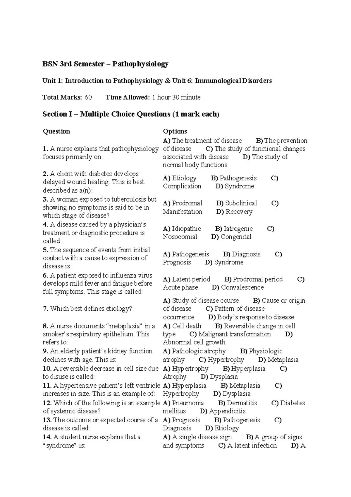 BSN 3rd Semester Pathophysiology Unit 1 & 6: MCQ Review Guide - Studocu
