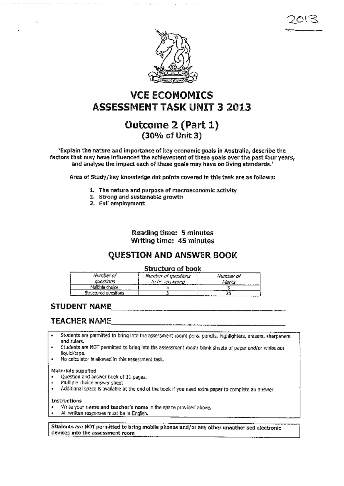 2013 VCE Economics Assessment Task Unit 3: Key Economic Goals in ...