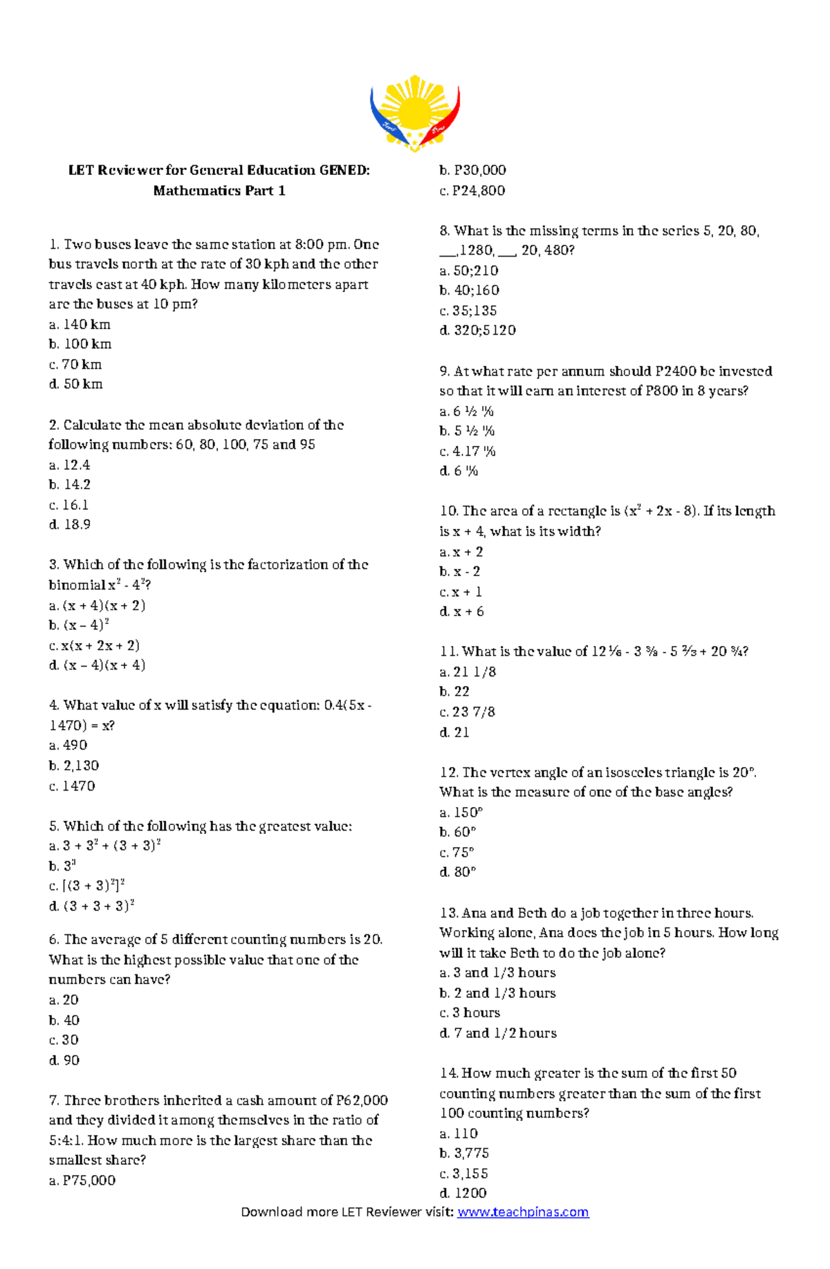 Mathematics PART 1 - This is a review for let exam - LET Reviewer for ...