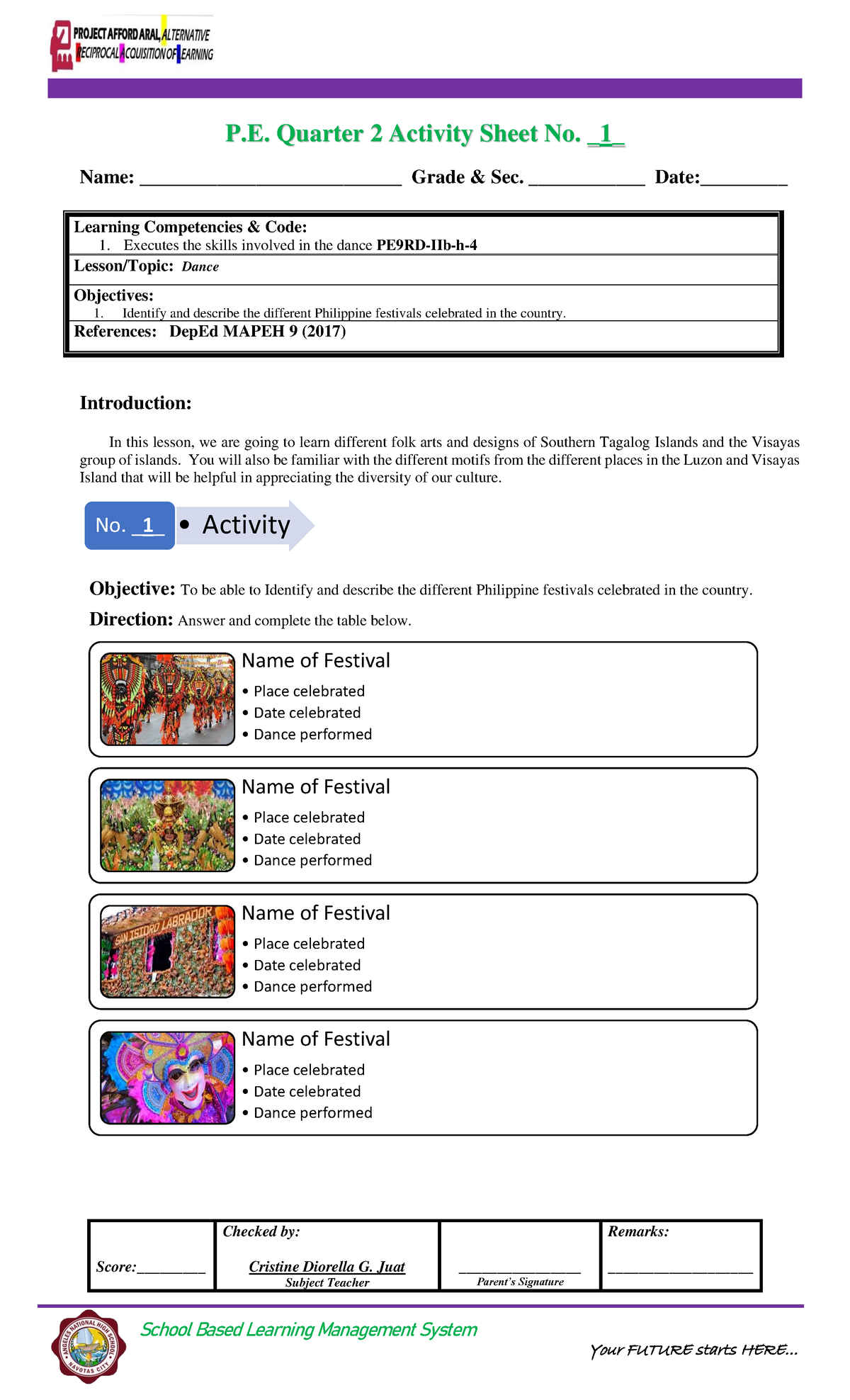 Mapeh Activity Sheets - School Based Learning Management System Your FUTURE starts HERE... P ...