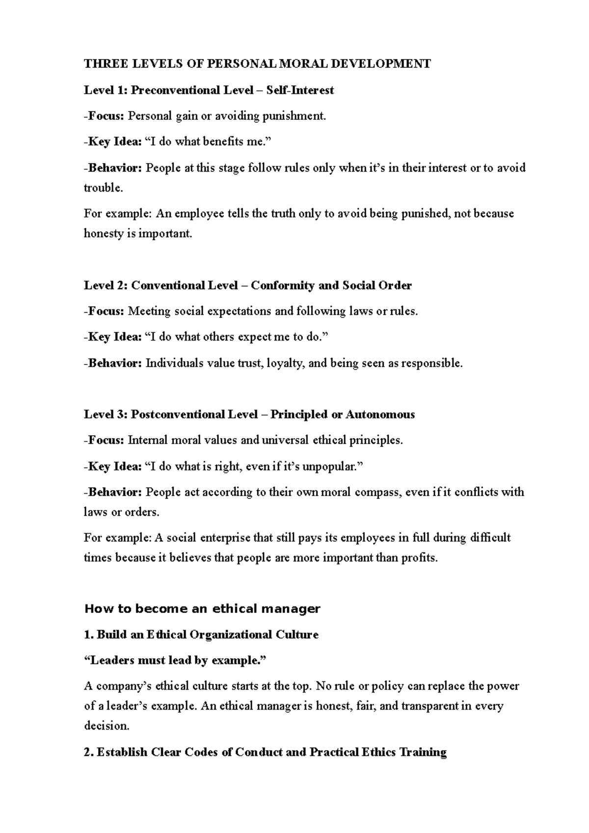 Three Levels of Personal Moral Development: Ethics in Management - Studocu