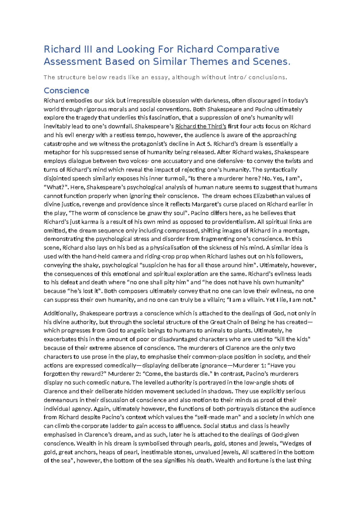Comparative Analysis of Themes in Richard III and Looking For Richard ...