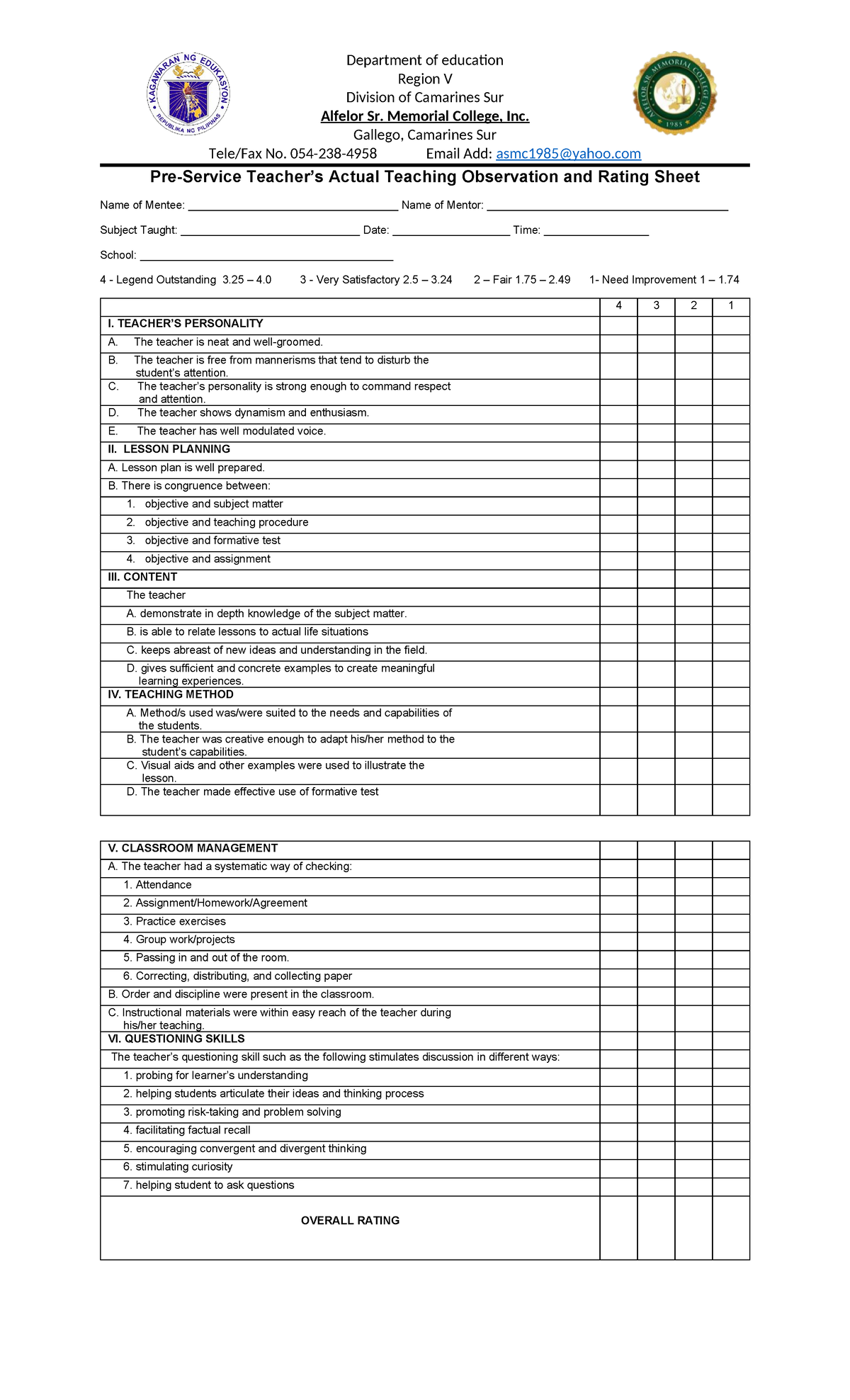 Pre service teachers rating sheet 2 - Department of education Region V ...