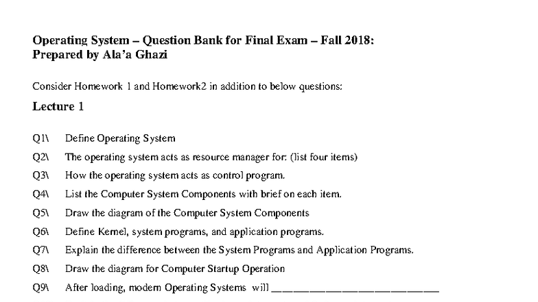 Operating Systems Question Bank for Final Exam (Fall 2018) - Studocu