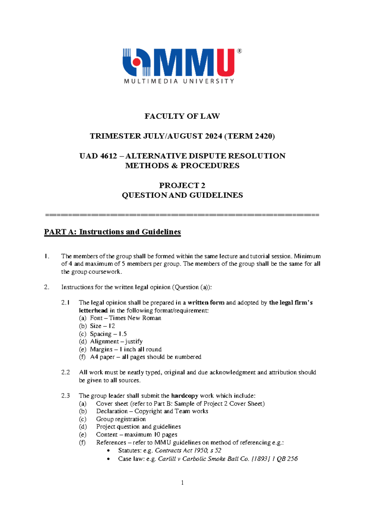 UAD4612 ADR Project 2: Legal Opinion Questions & Guidelines - Studocu